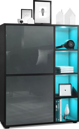 Vladon Highboard Schrank Anrichte Cuba mit 8 Fächern, Made in Germany, Korpus in Schwarz matt/Fronten in Grau Hochglanz, mit RGB LED Beleuchtung