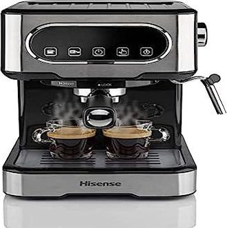 Hisense HESCM15DBK Manuelle Espressomaschine, gemahlen und kompatibel mit ESE 44 mm Pads, automatischer und manueller Milchaufschäumer, Druck 15 bar, Touchscr