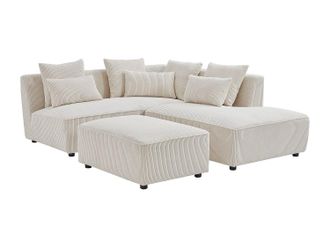 Vente-Unique Ecksofa mit Ottomane rechts mit Hocker aus beigem Cord MECODI
