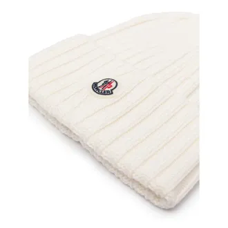 Moncler A9327 Ribbed Virgin Wool Beanie - White