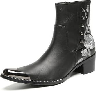 Generic Bottes western décontractées en cuir véritable pour homme - Rose brodée Fermeture éclair latérale Bout en métal Bottines de cowboy pour fête, mariage,