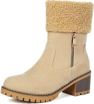Generic Bottes de neige chaudes pour femme - Bout rond - Talon épais - Fermeture éclair latérale - Style décontracté et polyvalent, beige, 37.5 EU