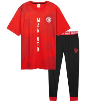 Manchester United Schlafanzug Herren Lang, Pyjama Set T-Shirt & Pyjama Hose Lang mit Seitentaschen (Rot/Schwarz, 2XL)