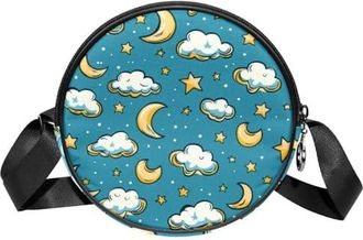 Generic Sac &agrave; bandouli&egrave;re rond pour femme, motif nuage, lune, &eacute;toile, petit sac &agrave; bandouli&egrave;re avec fermeture &eacute;clair, bretelles r&eacute;glables, sac &agrave; main rond d&eacute;co