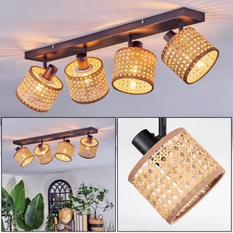 HOFSTEIN Deckenleuchte Barcos, Deckenlampe aus Metall/Korbgeflecht/Rattan in Schwarz/Beige/Natur, verstellbare Leuchte im Boho-Design (Schirme &Oslash; 12 cm), 4 x E1