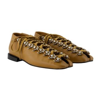 Toga Archives Womens Leather Lace-Up Ballerina Khaki Calfskin
