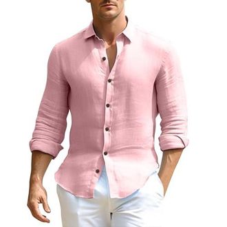 Generic Chemise formelle en lin &agrave; manches longues pour homme - Chemise boutonn&eacute;e en lin - Coupe ajust&eacute;e - Style d&eacute;contract&eacute; - Blanc - Col en V - T-shirt pour 