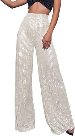 Generic Pantalon palazzo &agrave; paillettes taille haute pour femme, pantalon long pour f&ecirc;te, club, leggings larges, Argent&eacute;., XXL