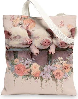 Generic Sacs fourre-tout en toile de cochon mignon, motif floral, sacs dépicerie réutilisables, sacs vintage légers et lavables en toile avec bandoulière, pêc