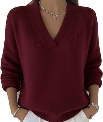 Generic Pull pour femme col en V d&eacute;contract&eacute; en tricot de couleur unie &agrave; manches longues, coupe ample, pull chaud pour lhiver, Rouge, M
