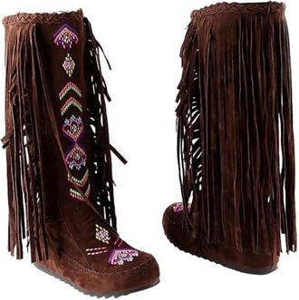 E.SSUE Botte Haute Jusquau Genou Femme Western Frange Botte D&eacute;contract&eacute;es Respirantes Bottes de cowboy confortables Bottes hautes pour femme &agrave; talon plat Got