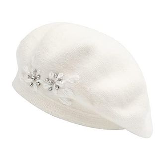 ZLYC Femmes Classique Francais Cachemire Chapeau de B&eacute;ret avec D&eacute;cor Floral(Fleurs Blanches),Taille Unique