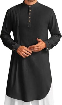 Generic Chemise en coton et lin pour homme, chemises &agrave; manches longues, coupe ample, robe de chambre musulmane, Thobe couleur unie, chemise Henley fendue sur 