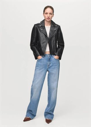Mango Blouson biker en cuir noir - Femme - XXS - MANGO