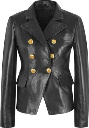 Generic Veste classique en cuir véritable style blazer pour femme, Noir, S