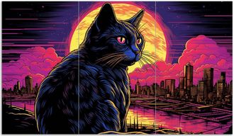 Wallario Herdabdeckplatte/Spritzschutz aus Glas, 3-teilig, 90x52cm mit 13mm hohen Füßen, für Ceran- und Induktionsherde, Katze unter Vollmond