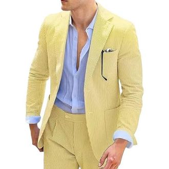 Generic Ensemble de costume fin en seersucker ray&eacute; pour homme - Tenue d&eacute;t&eacute; pour la plage et le mariage - 2 pi&egrave;ces - Costume classique &agrave; ventouse, jaune, XXL