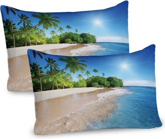 Abakuhaus Blau Kissenbezug Packung mit 2, Tropische Palmen des Ozeans auf Sunny Island Beach Scene-Panoramablick-Bild, Dekorativer Standard Gedruckter Kissenbez