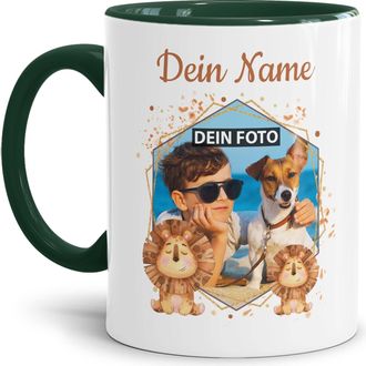 Tassendruck Kinder-Tasse mit Tiermotiv Löwe - mit Foto & Name selbst gestalten - Für Mädchen & Jungen - Keramik Innen & Henkel Dunkelgrün, 300 ml I Personalisiert