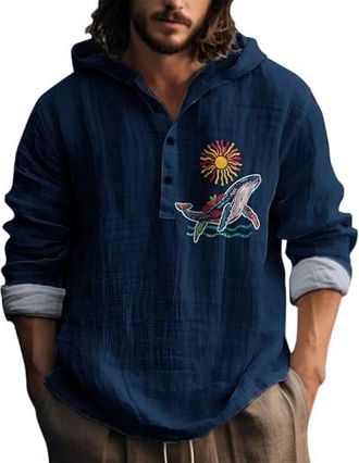 Generic Chemise en lin pour homme - Coton et lin - Couleur unie - Haut &agrave; capuche - Boutonni&egrave;re - Chemise &agrave; manches longues avec capuche - Chemise d&eacute;t&eacute; l&eacute;g&egrave;re 