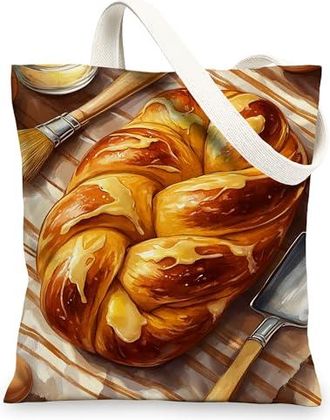 Generic Sacs fourre-tout en toile artisanaux motif de pain réutilisables, sacs dépicerie rustiques, culinaires légers, lavables avec bandoulière pour le shopp