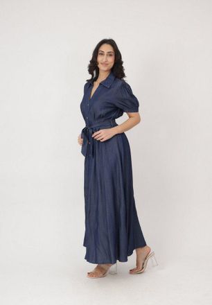 Elara Maxikleid Damen Denim Maxikleid mit Knopfleiste, Bindeg&uuml;rtel und Kragen ohne Details