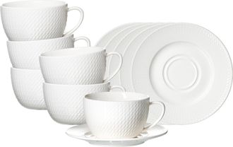 Ritzenhoff & Breker Saphir Cappuccinotassen mit Untertassen 320 ml 6er Set | Porzellan Geschirr-Serie in Wei&szlig; mit Mosaik-Relief | sp&uuml;lmaschinenfest & mikrowellengeeignet 