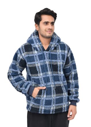 Sleepdown Herren Check Teddy Borg Hoodie Kapuzenpullover aus Fleece, warm, gemütlich, weich, Navy, M