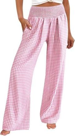 Generic Pantalon &agrave; jambes larges pour femme - Taille haute - Jambe droite - Pantalon Palazzo d&eacute;t&eacute; l&eacute;ger &agrave; carreaux - Pantalon de plage &agrave; carreaux - Pantalon d
