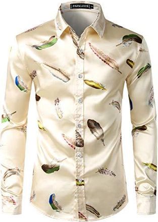 PARKLEES Chemise boutonnée décontractée de luxe en satin pour homme pour fête de mariage, Cl15-Champagne, XXL