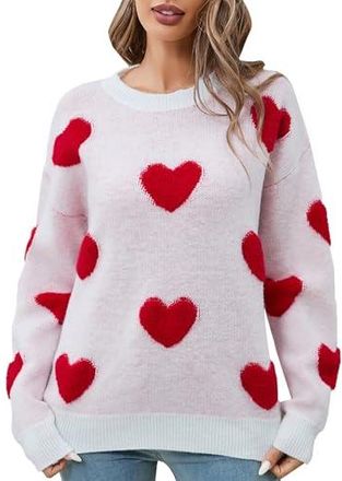 Generic Pull tricot&eacute; pour la Saint-Valentin - Grande taille - Haut &agrave; manches longues - Coupe ample - Doux et confortable - Imprim&eacute; coeur - Pour femme - Chaud 