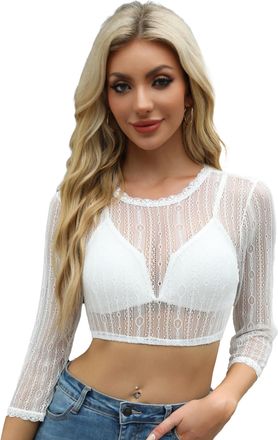 Zeagoo Dirndl Bluse Damen Weiß Dirndlbluse Schwarz Spitze Trachtnbluse Elegante 3/4 Ärmel Rundhals Dirndlblusen Oktoberfest Kostüm Weiß 3XL