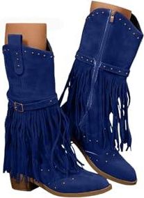Generic Bottes de cowboy à franges pour femme - Talon haut - Bottes à franges mi-mollet - Bottines western avec pompons - Automne et hiver - Bottes plates en 