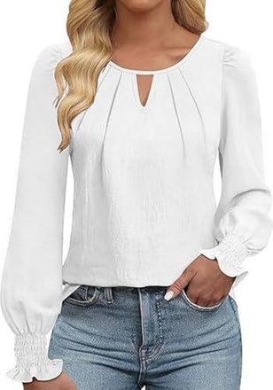 Generic T-shirts &agrave; manches longues pour femme - En dentelle - Col en V - En mousseline - Anti-plis - Haut pliss&eacute; - Poignets &agrave; volants - &Eacute;l&eacute;gant et d&eacute;contract&eacute;