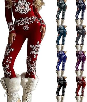 Generic HUIFUAO Legging de No&euml;l tricot&eacute; pour femme - Imprim&eacute; flocon de neige amusant - Pantalon de yoga de No&euml;l doux et chaud - Grande taille - Collants de sp