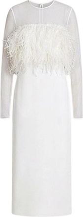 Alberta Ferretti Enver Satin Maxikleid mit Federn und Chiffon&auml;rmeln - - Dresses - Damen - Wei&szlig; - XS