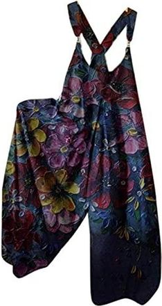 Keephen Salopette Fleurie Multicolore à Bretelles pour Femme, Combinaison décontractée rétro Ample imprimée