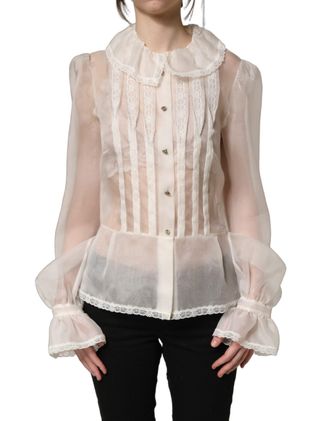Dolce & Gabbana Womens White Ruffled Sheer Silk Buttoned Blouse Top Off Nylon