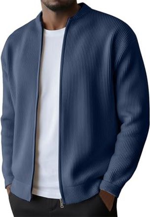 Generic Pull pour homme en velours côtelé avec fermeture éclair intégrale - Col roulé - Rayures texturées - Manteaux à manches longues - Veste dhiver chaude a