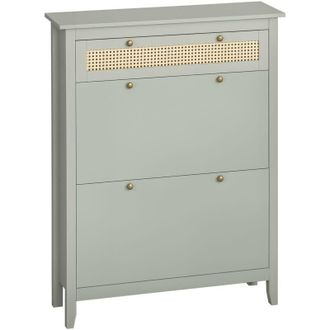 HOMCOM Homcom - Meuble &agrave; chaussures style boh&egrave;me chic - 2 portes abattantes 2 &eacute;tag&egrave;res r&eacute;glables tiroir - mdf vert deau aspect rotin