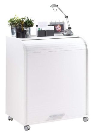Simmob Computertisch Trolley Rollbarer Schreibtisch mit Rollladen, platzsparend, wei&szlig;, Holzoptik, 96,8 x 53,2 x 93,8 cm - mobiler Arbeitsplatz mit Druckerfac