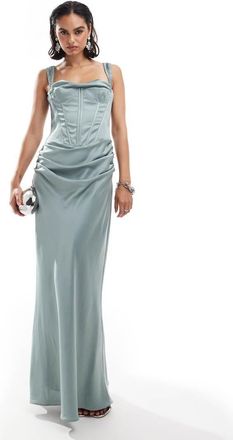 Asos Robe corset longue en satin avec drap&eacute; et la&ccedil;age dans le dos - Vert deau