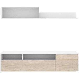 Dmora Wohnzimmermöbel Jelawat, Modulares Wohnzimmerset, Mehrzweck-Wohnzimmermöbel, Moderner TV-Schrank, 180x35 h44 cm, Weiß und Eiche - Dmora