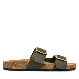Tommy Hilfiger Pantoletten Tommy Hilfiger Leather Double Strap Cork Sandals FW0FW09118 Gr&uuml;n