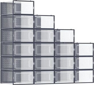 Songmics Schuhboxen, 18er Set, Schuh-Organizer aus Kunststoff, faltbar und stapelbar, f&uuml;r Schuhe bis Gr&ouml;&szlig;e 44, transparent-anthrazitblau LSP18SB30