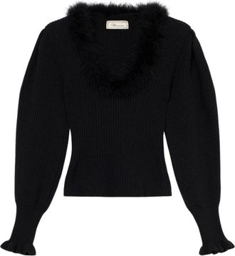 Blumarine Wollpullover mit pelzbesetztem Ausschnitt - - Knitwear - Damen - Schwarzk - L