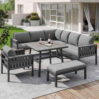 STILVORA Salon de Jardin avec 2 Canap&eacute;s, 1 Fauteuil, 1 Banc et 1 Table, Dossier Haut, Coussins, pour Terrasse, M&eacute;tal et Polyester, Gris