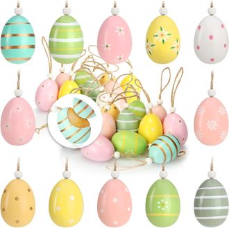 Com-Four 24x Ostereier zum Aufhängen - Osterdeko aus Holz in tollen Farben - Deko Ostereier mit schönen Mustern
