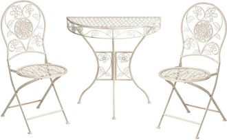 Beliani Balkonset Hellbeige Eisen 3-teilig Romantisches Franz&ouml;sisches Design Halbrunder Tisch mit 2 St&uuml;hlen Zusammenklappbar Garten Outdoor Terrasse