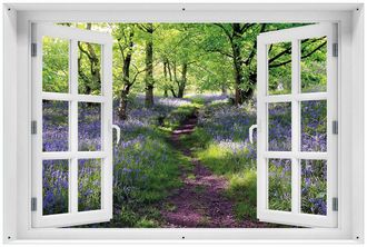 Wallario Outdoor-Poster für Garten oder Balkon Blaues Hasenglöckchen im Wald, Motivbanner Größe: ca. 60 x 90 cm mit Fenster-Illusion